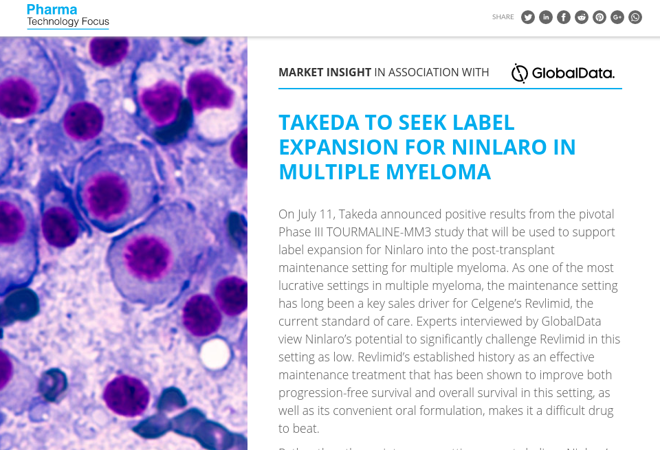 Takeda to seek label expansion for Ninlaro in multiple myeloma - Pharma ...